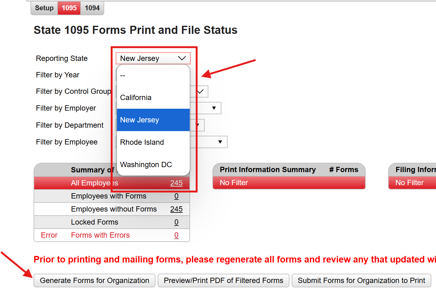 How do I generate state 1095 and 1094 forms?